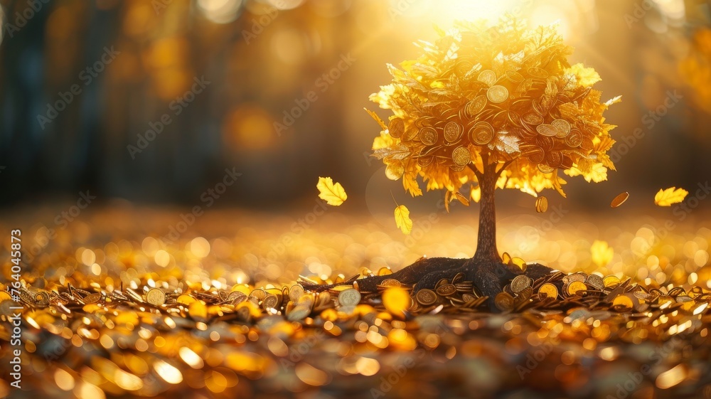 golden gold coin tree has coins as leaves that fall on ground Stock Illustration | Adobe Stock