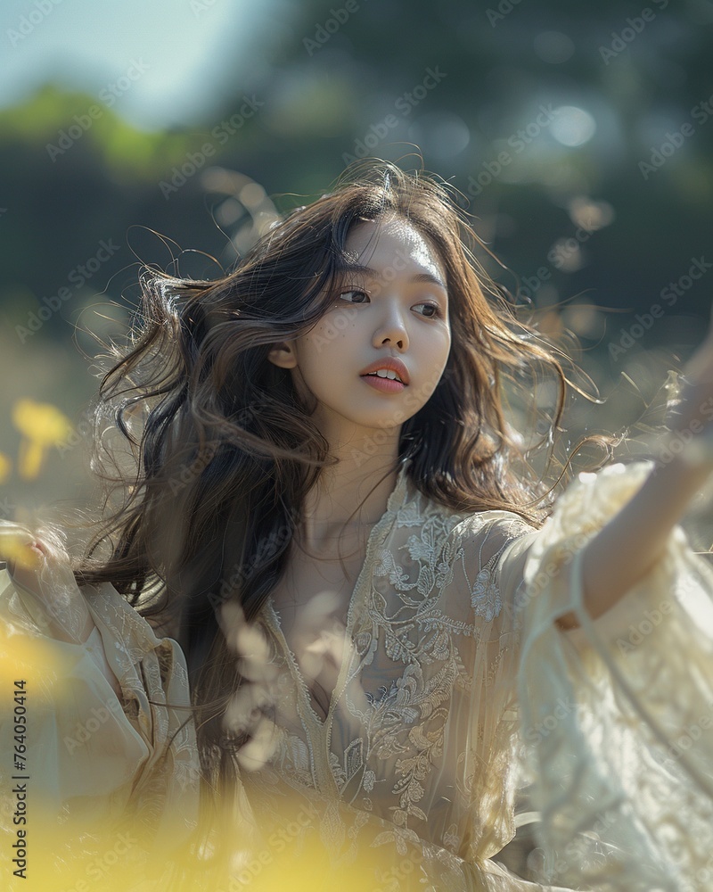 Portrait of a beautiful asian girl with kebaya in a field of yellow ...