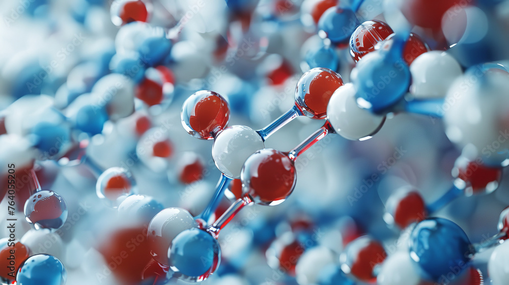 Three Dimensional Molecular Model With Red And Blue Atoms Linked By Bonds Representing Chemical