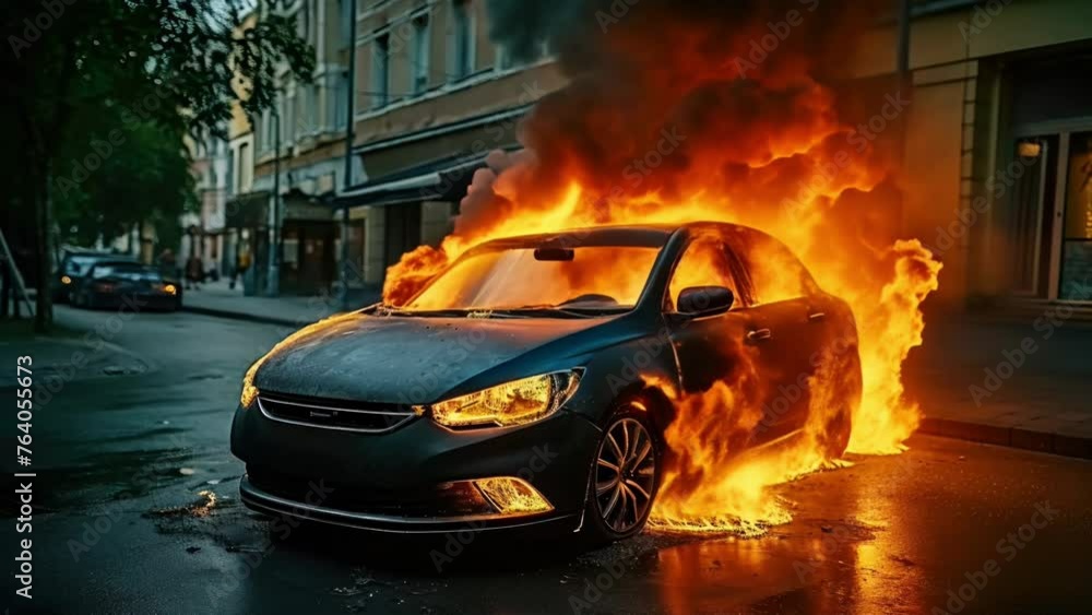 The car is on fire, flame and smoke on the street, danger, accident ...