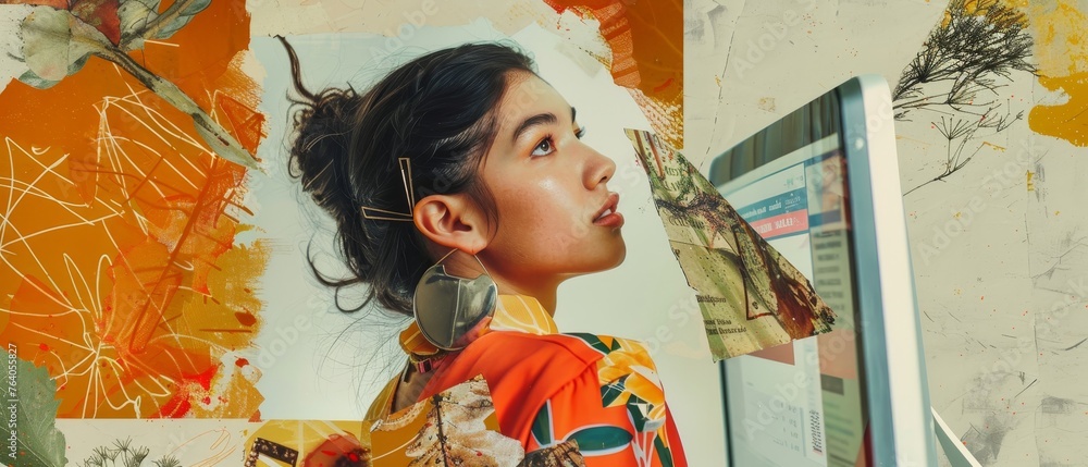 Stylish young girl sticking out of a computer monitor searching for a ...