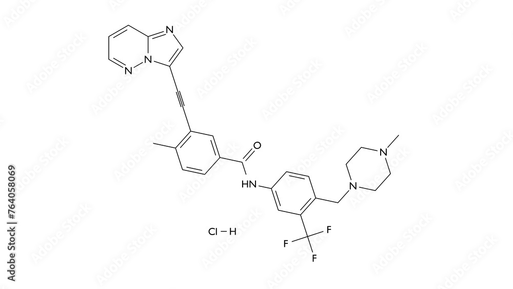 ponatinib hydrochloride molecule, structural chemical formula, ball-and ...