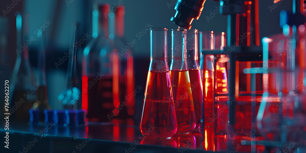 Pharmacy and chemistry theme Test glass flask with solution in research ...