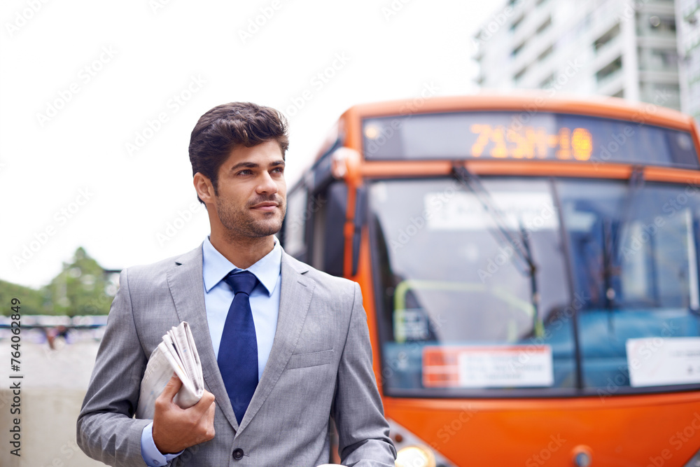 City, newspaper and businessman for commute, travel and walking journey ...