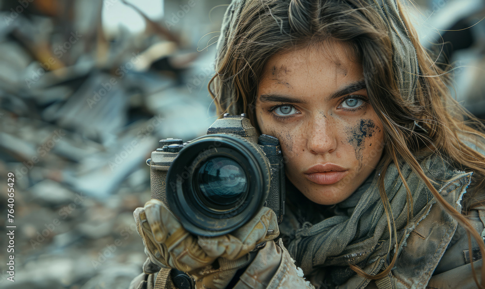 Professional female war press photographer wokring in a dystopian war ...