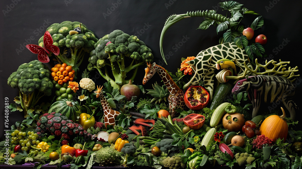 Fantasy jungle scene with animals shaped from vegetables and fruits ...