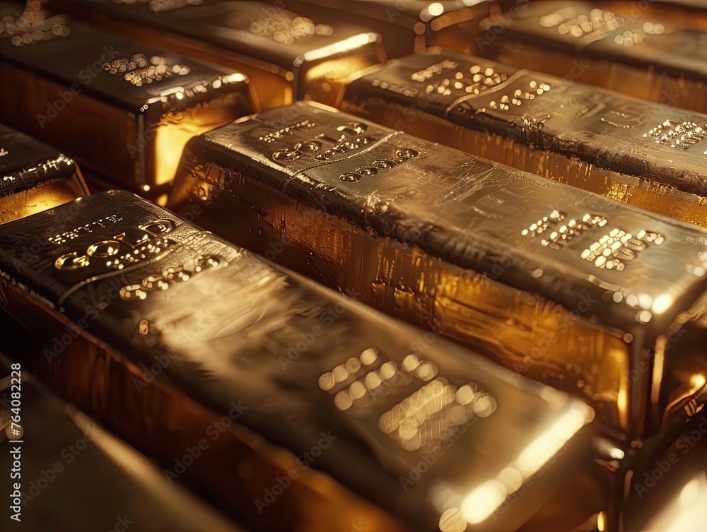 Stacked gold bars gleaming in a vault, with markings that signify purity and weight, embodying ...