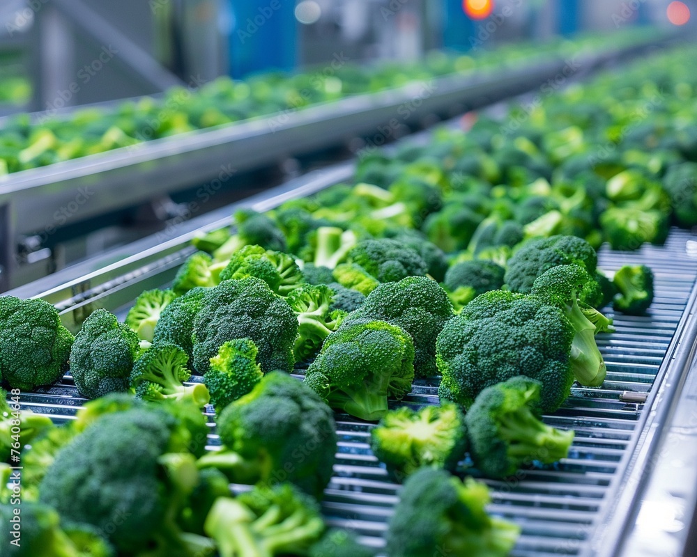 Broccoli, Production of broccoli on conveyor belt in factory, Concept ...