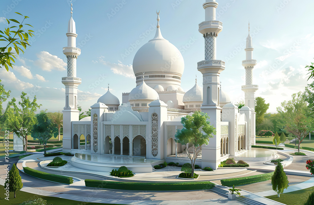 3d model of white mosque with dome and minarets, with small garden ...