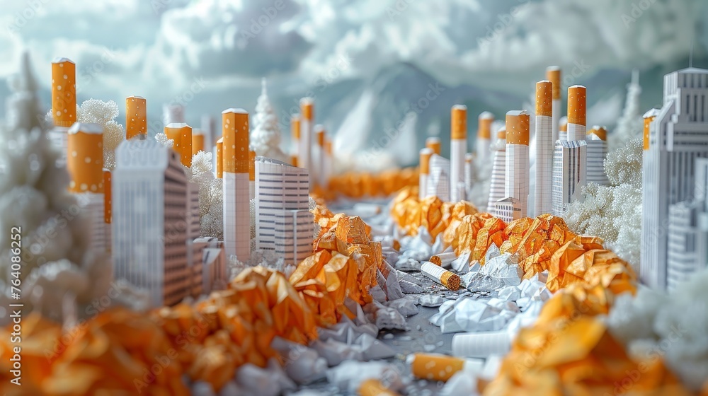 World No Tobacco Day with many people and anti-cigarette hand sculpture ...