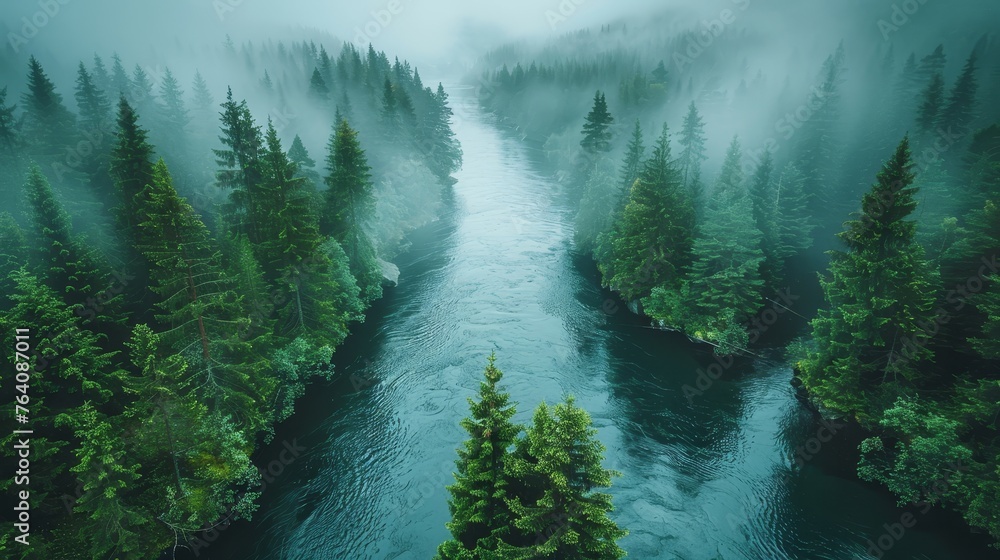 Norway coniferous forest and river drone landscape top down, over trees ...