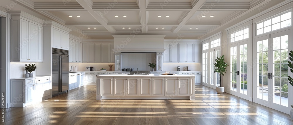 3D rendering of a traditional large L-shaped kitchen with a large ...