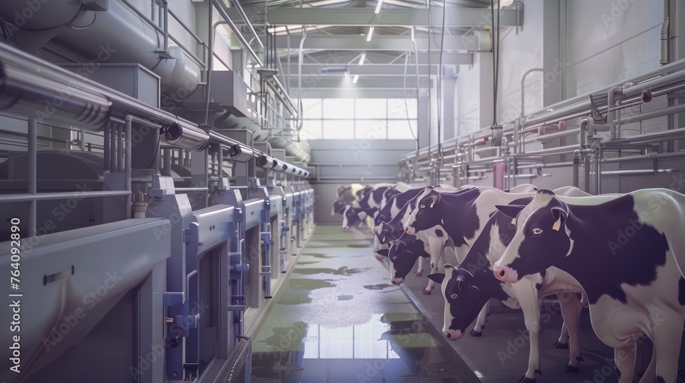 Cows lined up in a contemporary barn equipped with automated milking ...