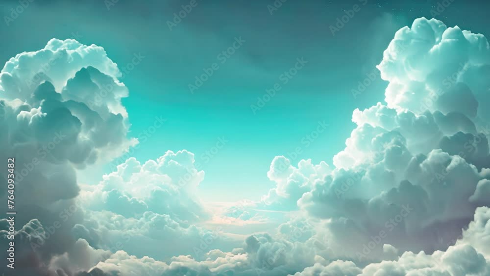 Flying through heavenly beautiful cloudscape. Amazing white fluffy clouds moving softly on the ...