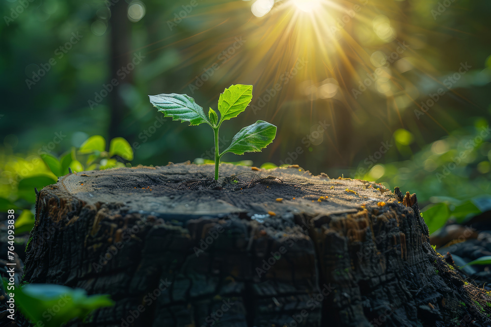 A single sapling grows from the center of a charred tree stump ...