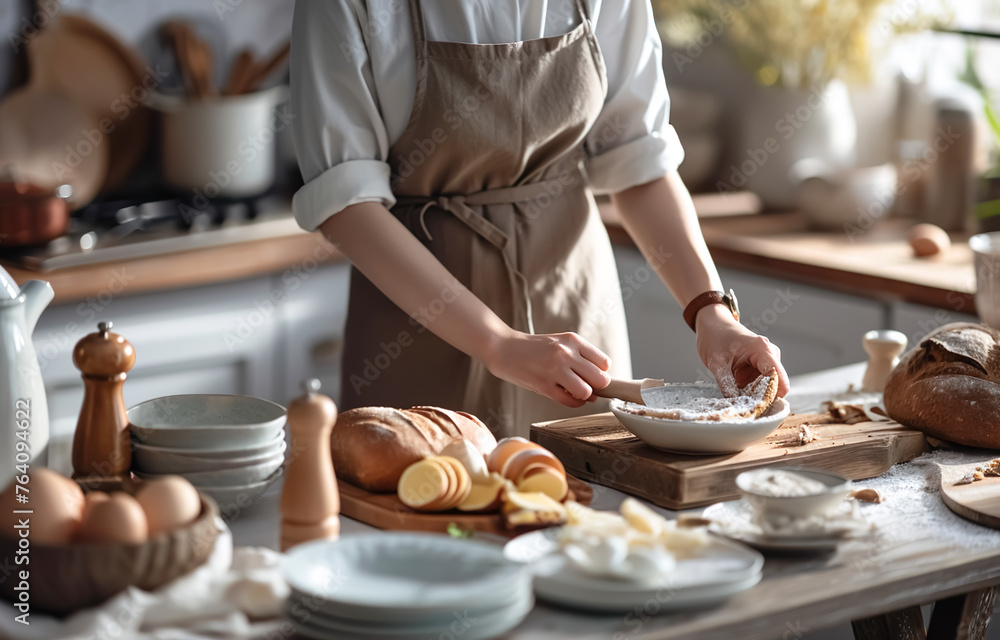Selective focus.woman cooking breakfast with bread and food menu ...