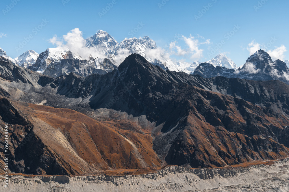 View of snow capped Himalayas mountains Everest, Lobuche, Cholatse ...