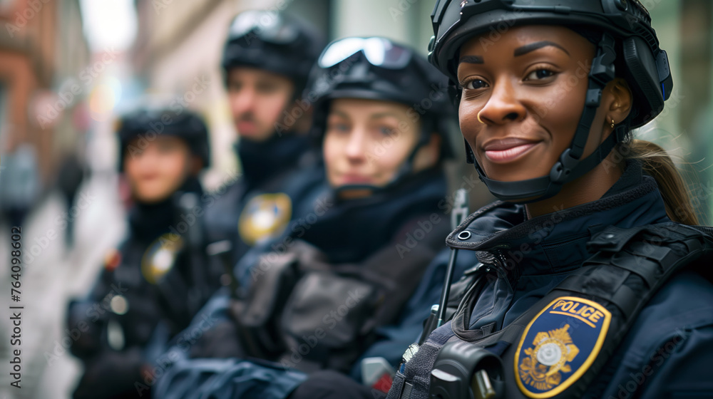 Team police officers on a row, wearing blue police gear Stock Photo ...