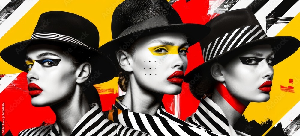 pop art style portrait of three caucasian models with a large hat ...