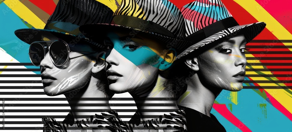 pop art style portrait of three caucasian models with a large hat ...