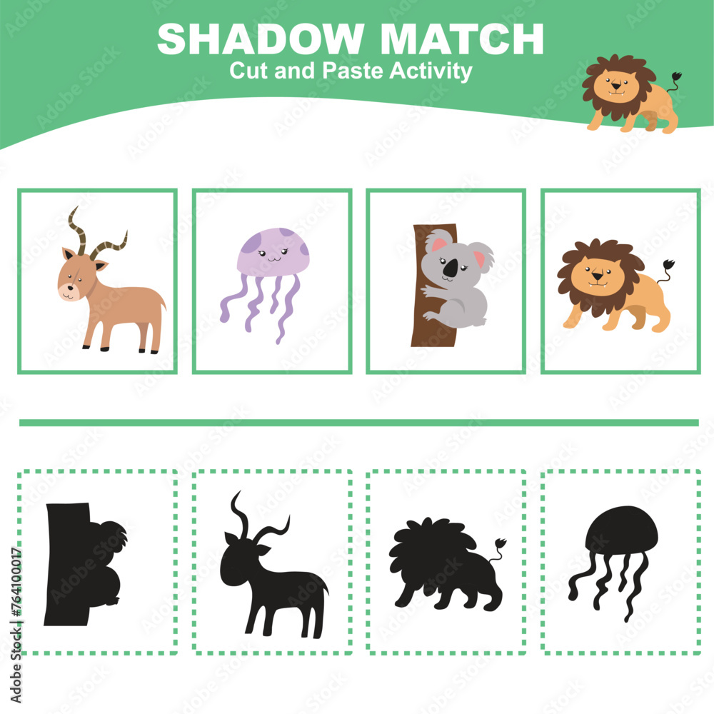 Cut the image in each box and glue it on each shadow. Find the correct ...