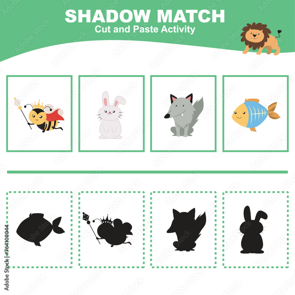 Vetor de Cut the image in each box and glue it on each shadow. Find the ...