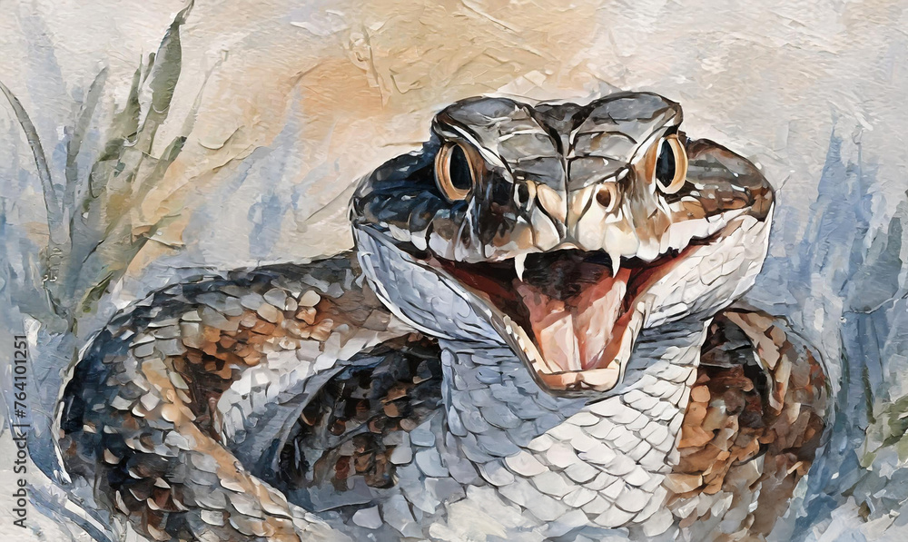 Watercolor illustration. New Year snake 2025. A snake aggressive with ...