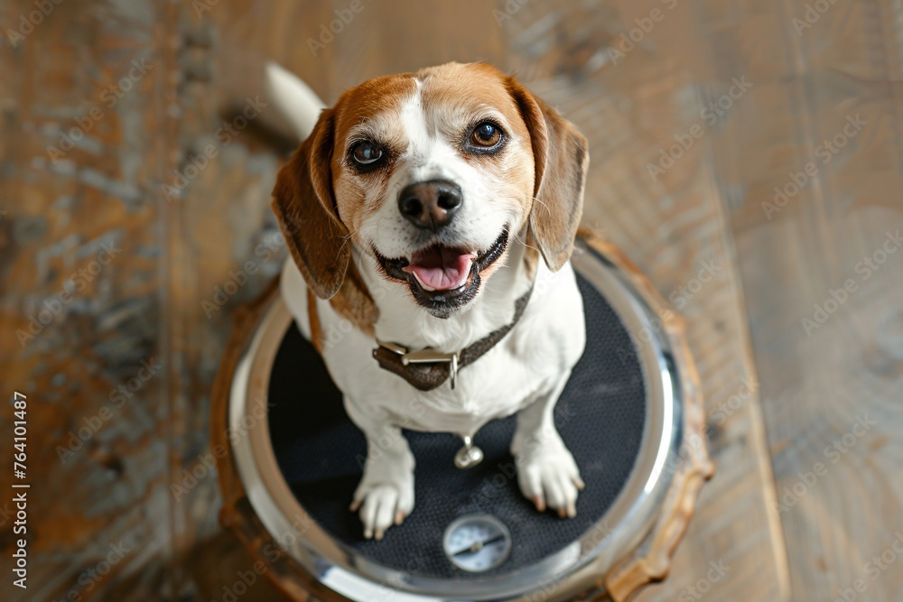 Beagle making a funny face while standing on a weight scale seemingly ...
