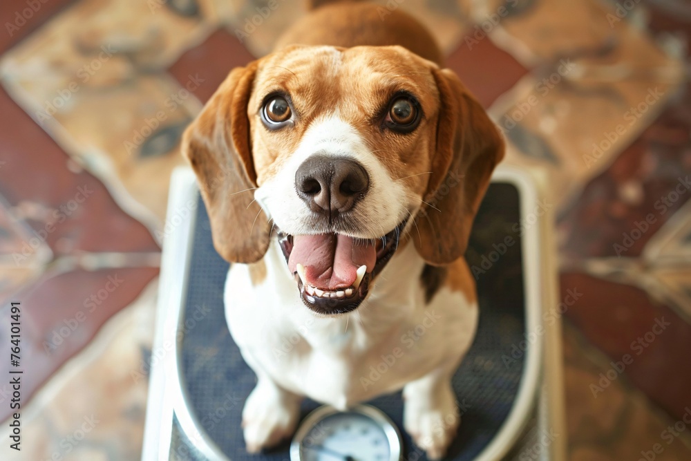 Beagle making a funny face while standing on a weight scale seemingly ...