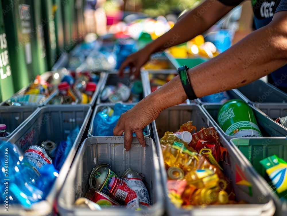 A close-up of a person's hand placing a plastic bottle into a yellow ...