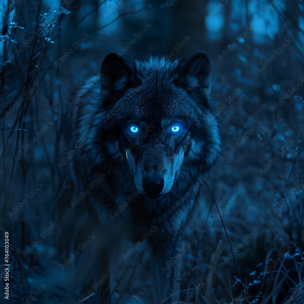 Giant wolf eyes ablaze with glowing blue neon prowling the mystical ...
