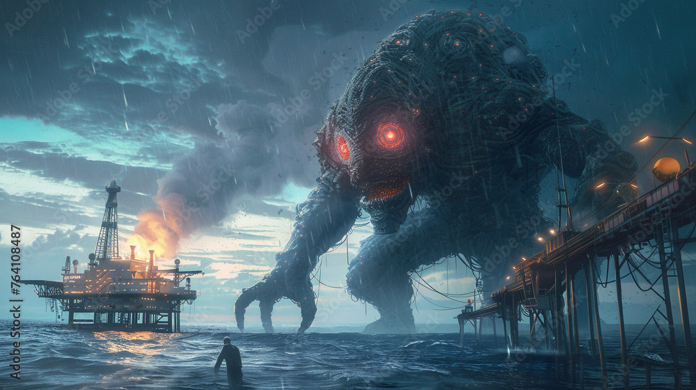 A massive, shadowy creature with glowing red eyes and barnacle-covered ...