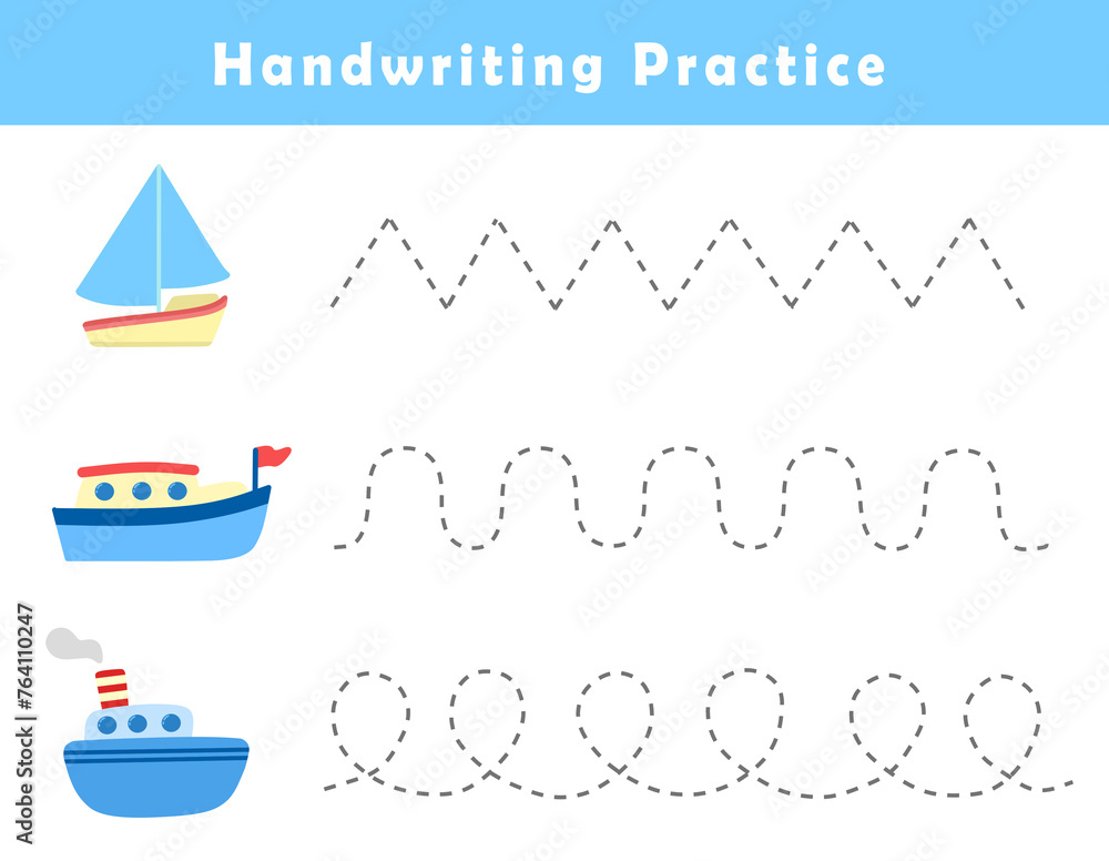 Handwriting practice sheet with cute ship illustration . Basic writing ...