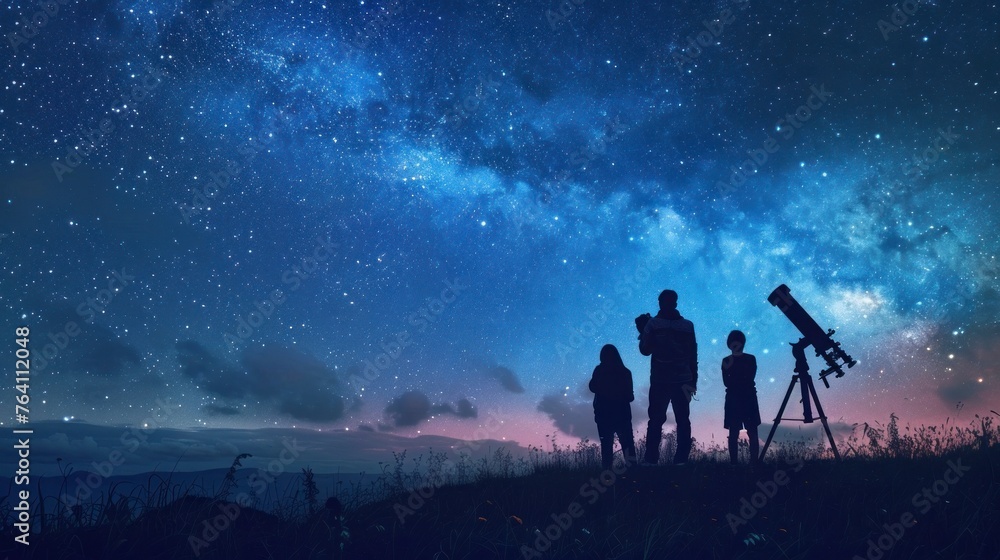 group of people observing stars with a telescope at night on a hill ...