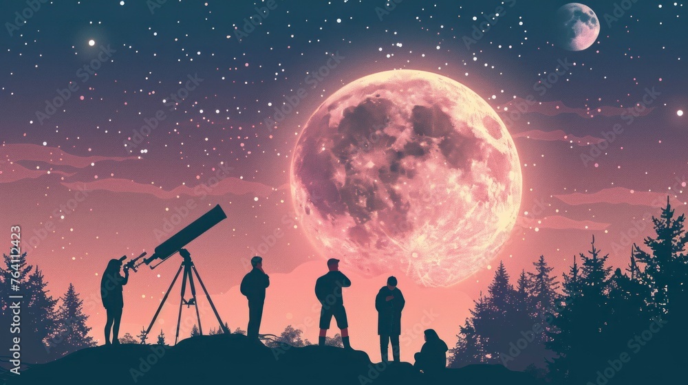 group of people observing stars with a telescope at night on a hill ...