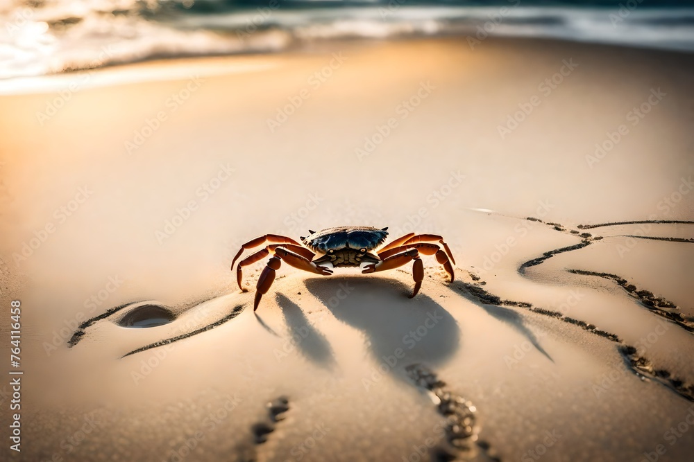 A solitary crab making its way across the beach, leaving tiny tracks in ...