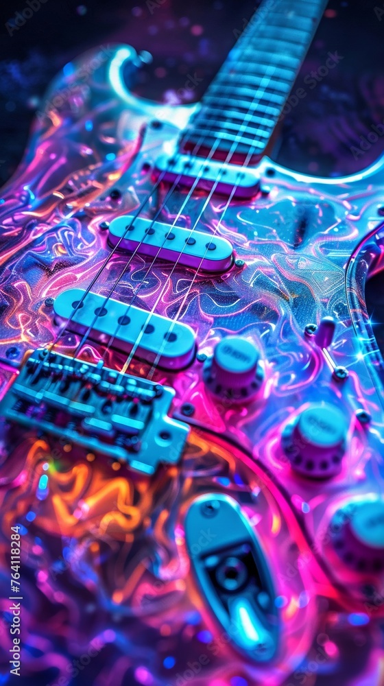 Surrealism of Electric guitars in neon, dark base, edgy design, zoomed ...