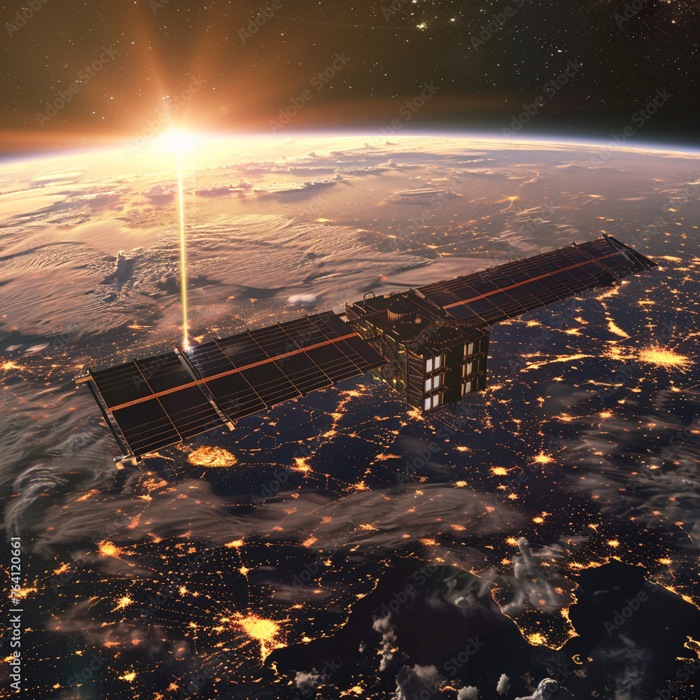 Orbital solar power array, green energy beam to Earth, dusk setting, monumental renewable leap ...