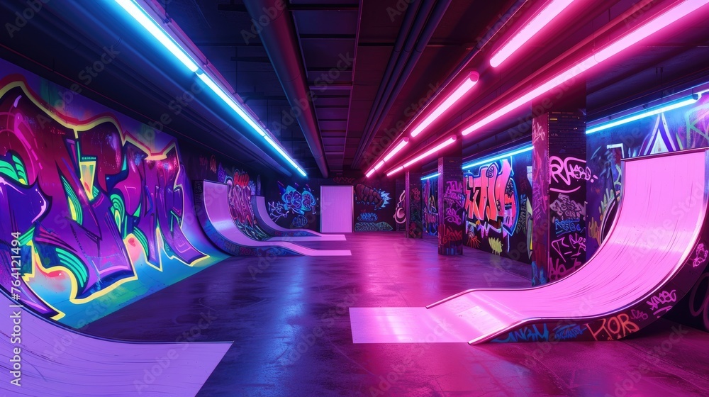 Neon skate park with vibrant ramps and graffiti walls Stock ...