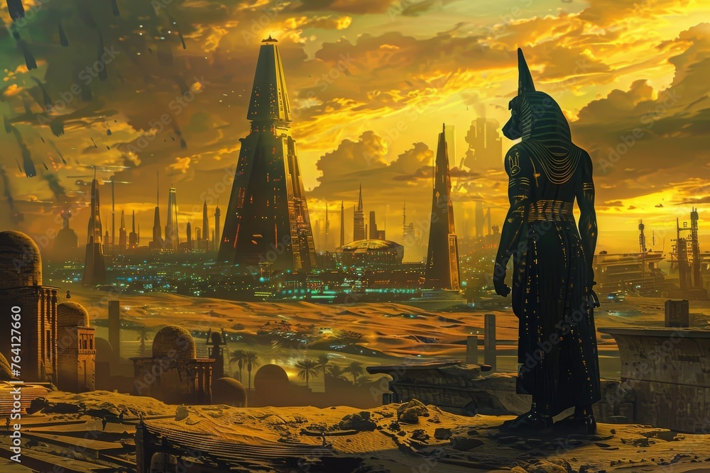 A futuristic scene where Anubis stands as a beacon of guidance and hope ...