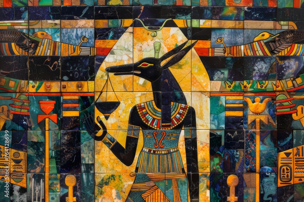 A vibrant, colorful depiction of Anubis performing the weighing of the ...