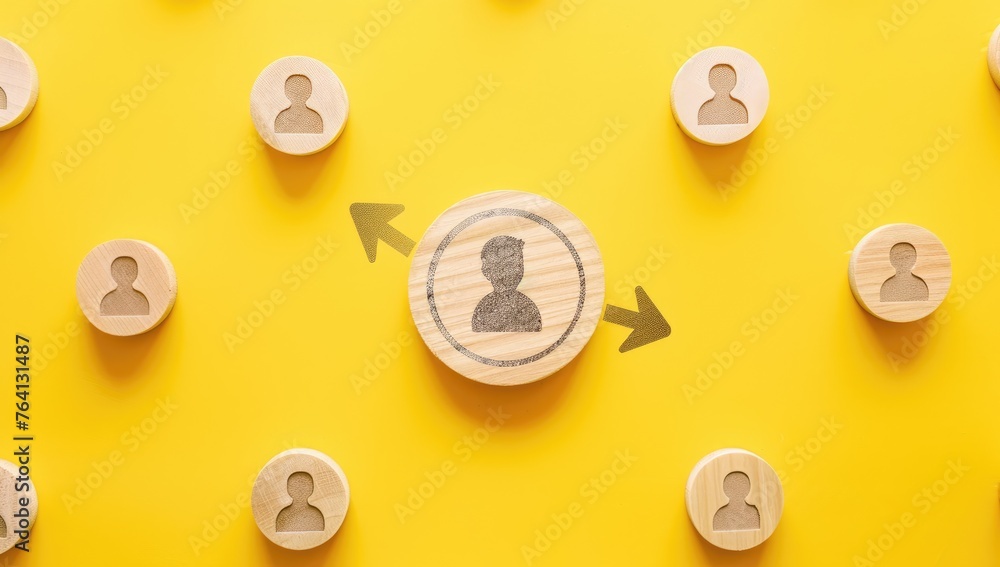 Team alignment and common goal concept with wooden tokens and a central ...