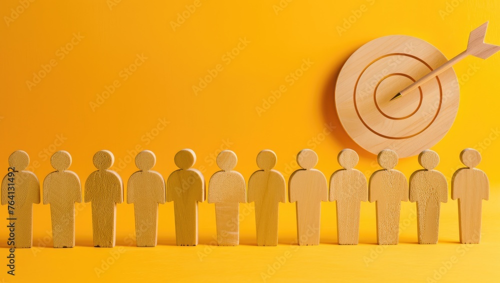 Team alignment and common goal concept with wooden tokens and a central ...