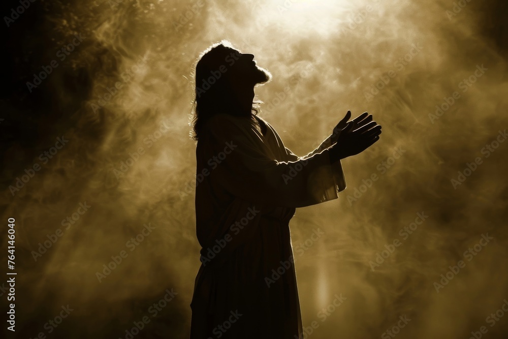 Silhouette of Jesus Christ in the act of blessing, conveying grace and ...