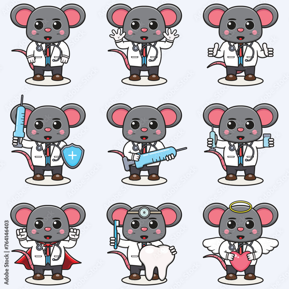 Vector Illustration of Cute Mouse cartoon with Doctor costume. Set of ...