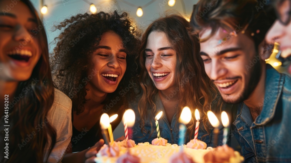 A group of people are gathered around a cake with lit candles ...