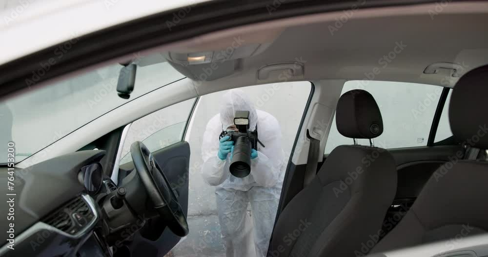Forensic, investigation and photography of evidence in crime scene car ...