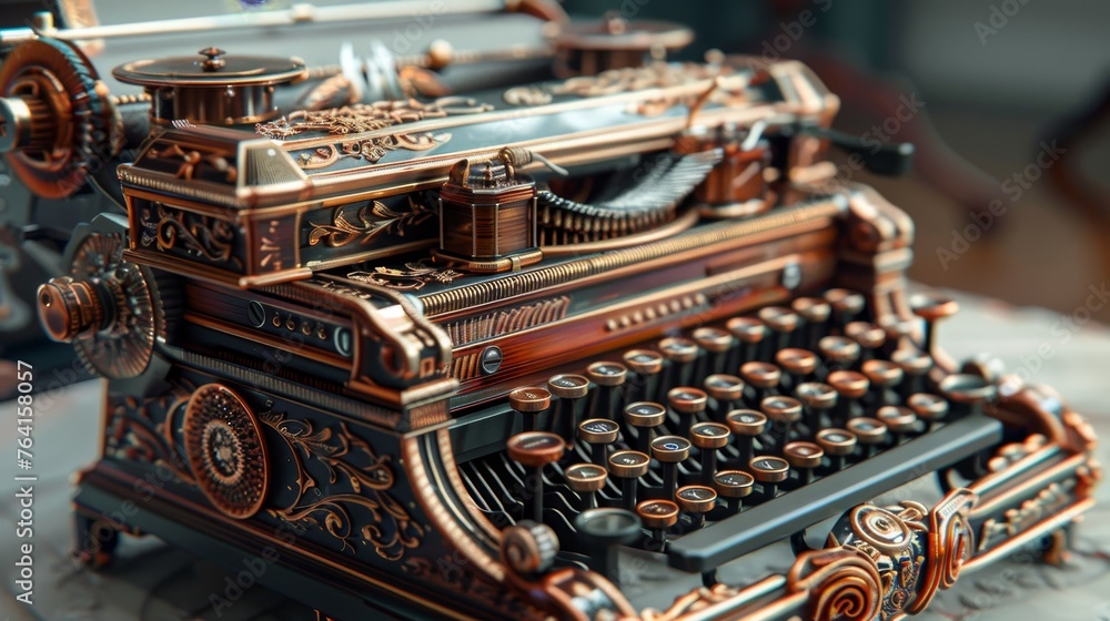 Close-up of a steampunk-inspired typewriter, featuring an elaborate mix ...