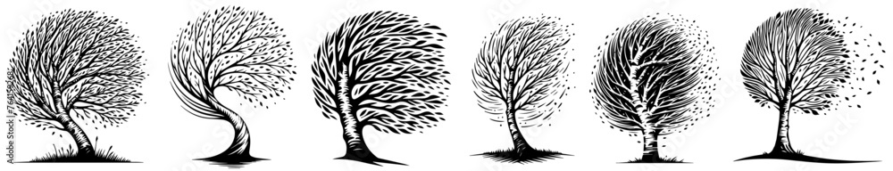 trees bending under the force of wind dynamic nature vector ...