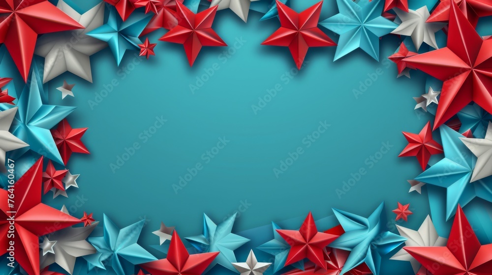 An array of three-dimensional stars in red, blue, and white bursts from ...